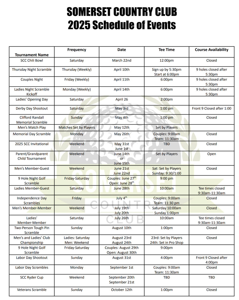 SCC Tournament Schedule | Somerset Country Club